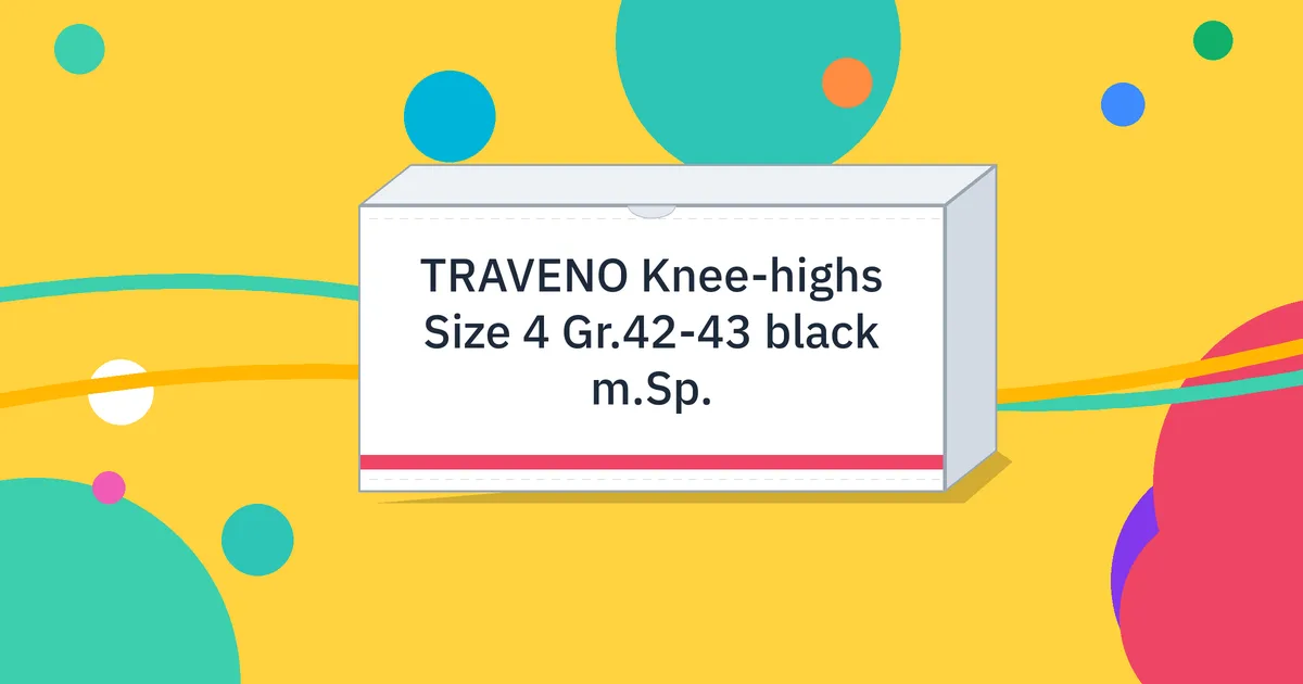 Symbolbild: Packung mit der Aufschrift TRAVENO Knee-highs Size 4 Gr.42-43 black m.Sp. (PZN 17603062) – Verfügbarkeit und Bezug in Apotheken in Frankfurt am Main