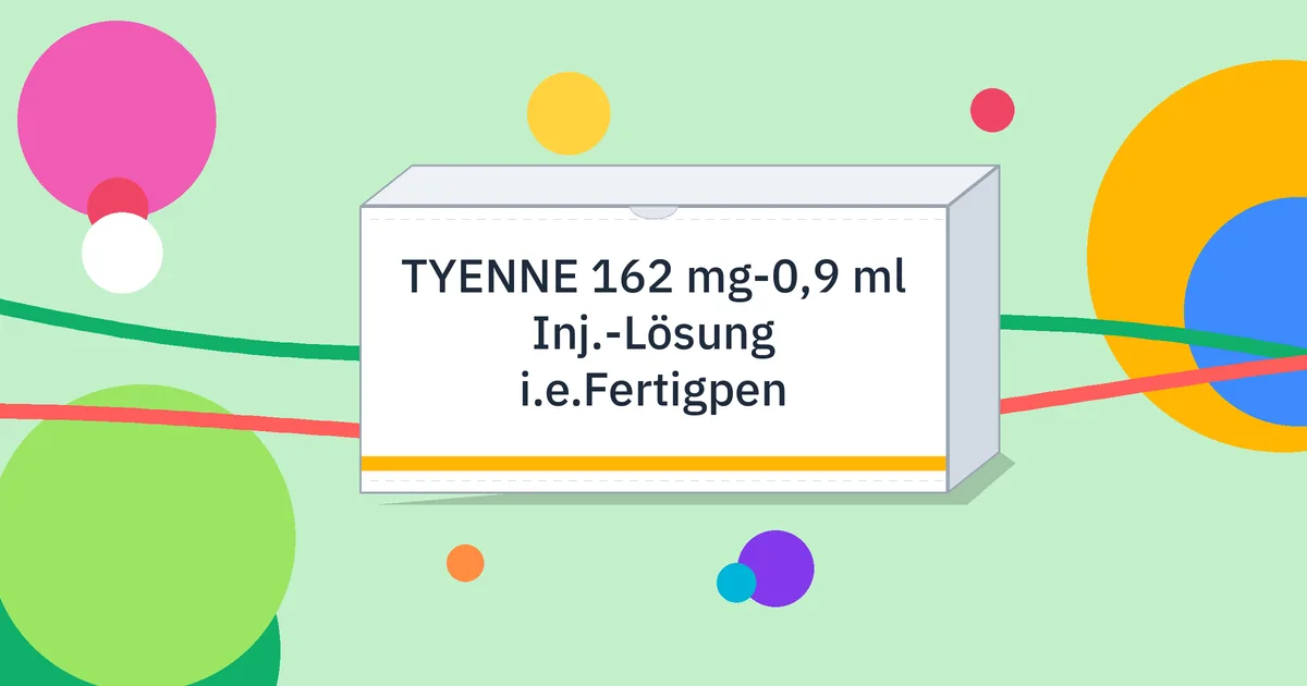 Symbolbild: Packung mit der Aufschrift TYENNE 162 mg-0,9 ml Inj.-Lösung i.e.Fertigpen (PZN 19381045) – Verfügbarkeit und Bezug in Apotheken in Frankfurt am Main