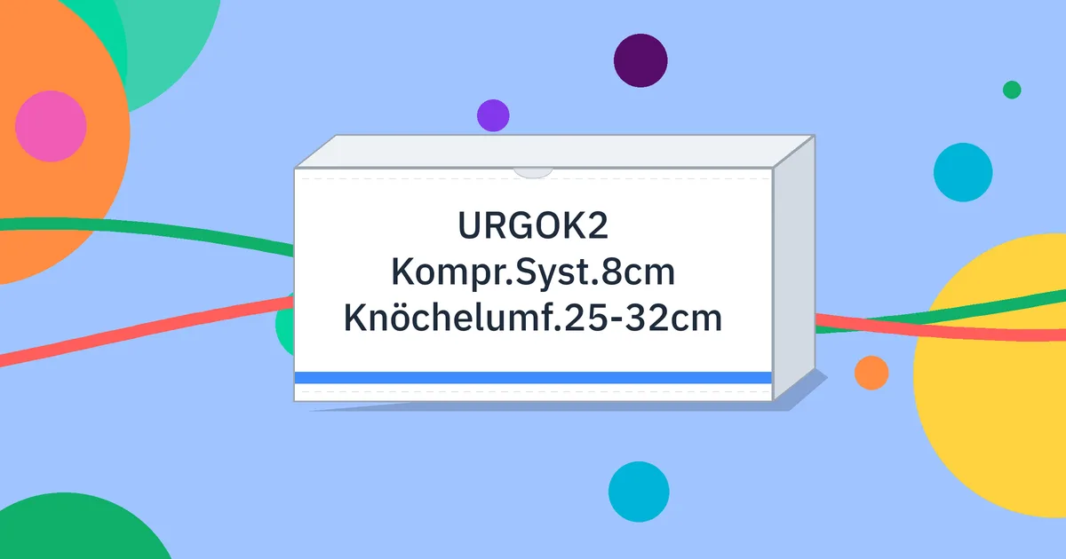 Symbolbild: Packung mit der Aufschrift URGOK2 Kompr.Syst.8cm Knöchelumf.25-32cm (PZN 05381828) – Verfügbarkeit und Bezug in Apotheken in Frankfurt am Main