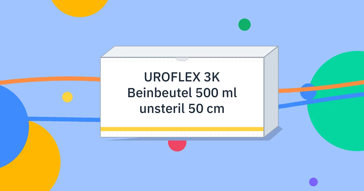 Symbolbild: Packung mit der Aufschrift UROFLEX 3K Beinbeutel 500 ml unsteril 50 cm (PZN 14168602) – Verfügbarkeit und Bezug in Apotheken in Frankfurt am Main