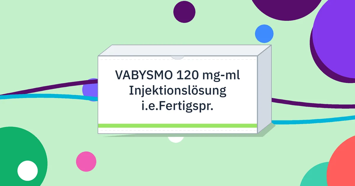 Symbolbild: Packung mit der Aufschrift VABYSMO 120 mg-ml Injektionslösung i.e.Fertigspr. (PZN 20201976) – Verfügbarkeit und Bezug in Apotheken in Frankfurt am Main