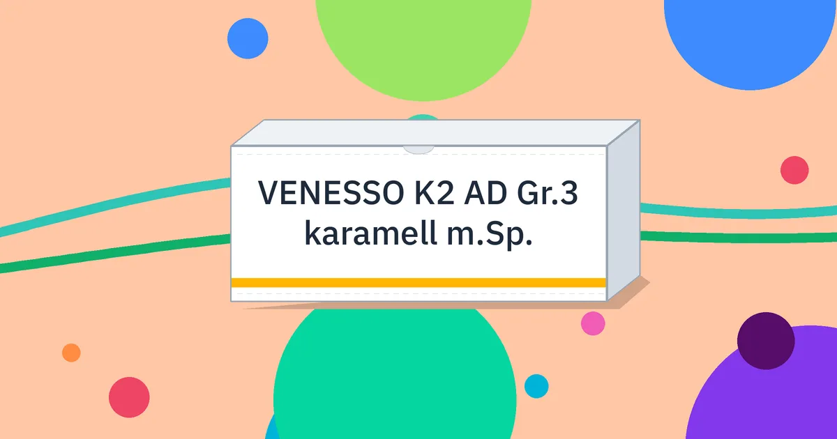 Symbolbild: Packung mit der Aufschrift VENESSO K2 AD Gr.3 karamell m.Sp. (PZN 13758069) – Verfügbarkeit und Bezug in Apotheken in Frankfurt am Main