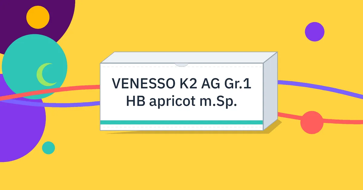 Symbolbild: Packung mit der Aufschrift VENESSO K2 AG Gr.1 HB apricot m.Sp. (PZN 03262806) – Verfügbarkeit und Bezug in Apotheken in Frankfurt am Main