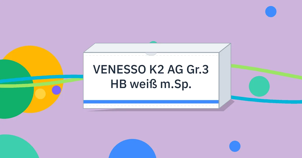 Symbolbild: Packung mit der Aufschrift VENESSO K2 AG Gr.3 HB weiß m.Sp. (PZN 03264656) – Verfügbarkeit und Bezug in Apotheken in Frankfurt am Main