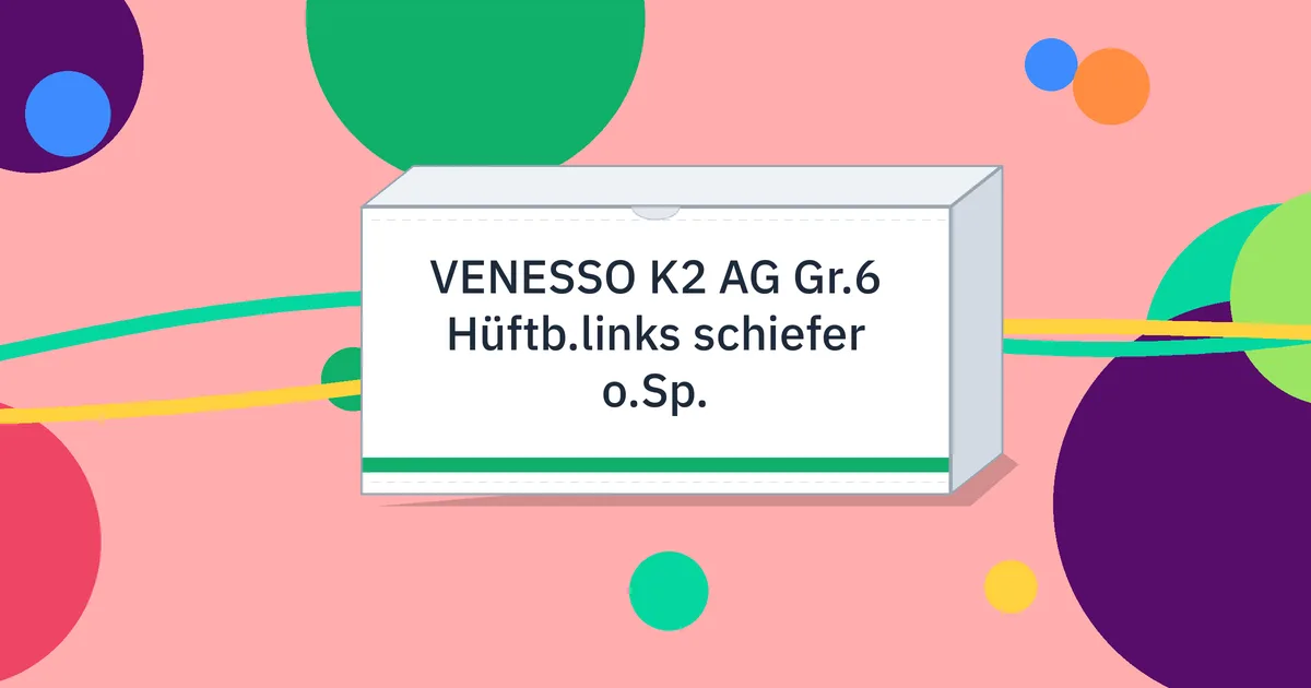 Symbolbild: Packung mit der Aufschrift VENESSO K2 AG Gr.6 Hüftb.links schiefer o.Sp. (PZN 03270154) – Verfügbarkeit und Bezug in Apotheken in Frankfurt am Main