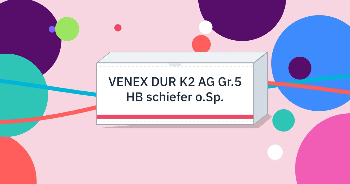 Symbolbild: Packung mit der Aufschrift VENEX DUR K2 AG Gr.5 HB schiefer o.Sp. (PZN 03221291) – Verfügbarkeit und Bezug in Apotheken in Frankfurt am Main