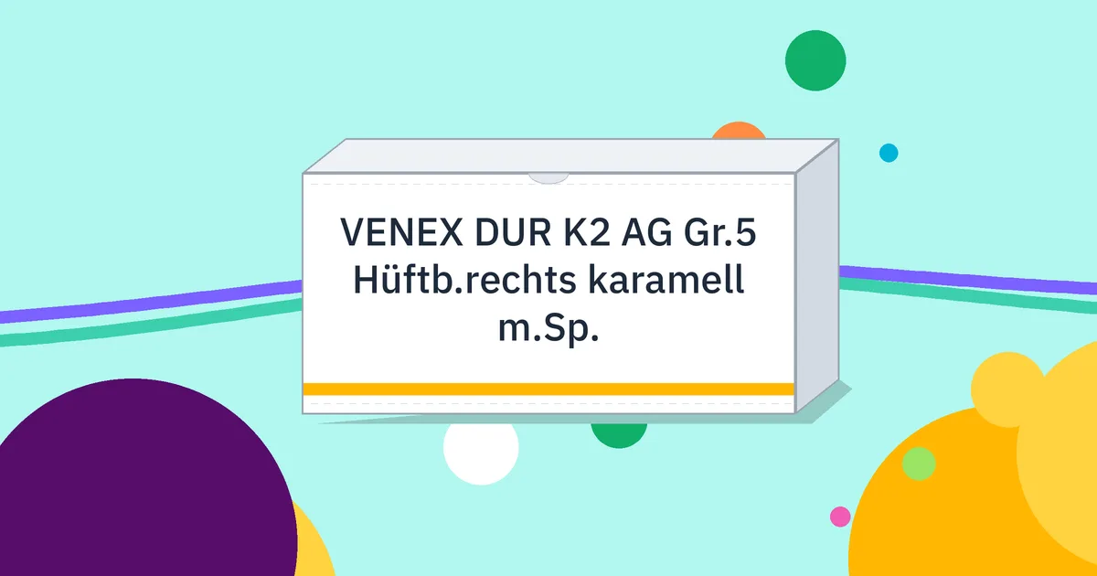 Symbolbild: Packung mit der Aufschrift VENEX DUR K2 AG Gr.5 Hüftb.rechts karamell m.Sp. (PZN 13761203) – Verfügbarkeit und Bezug in Apotheken in Frankfurt am Main