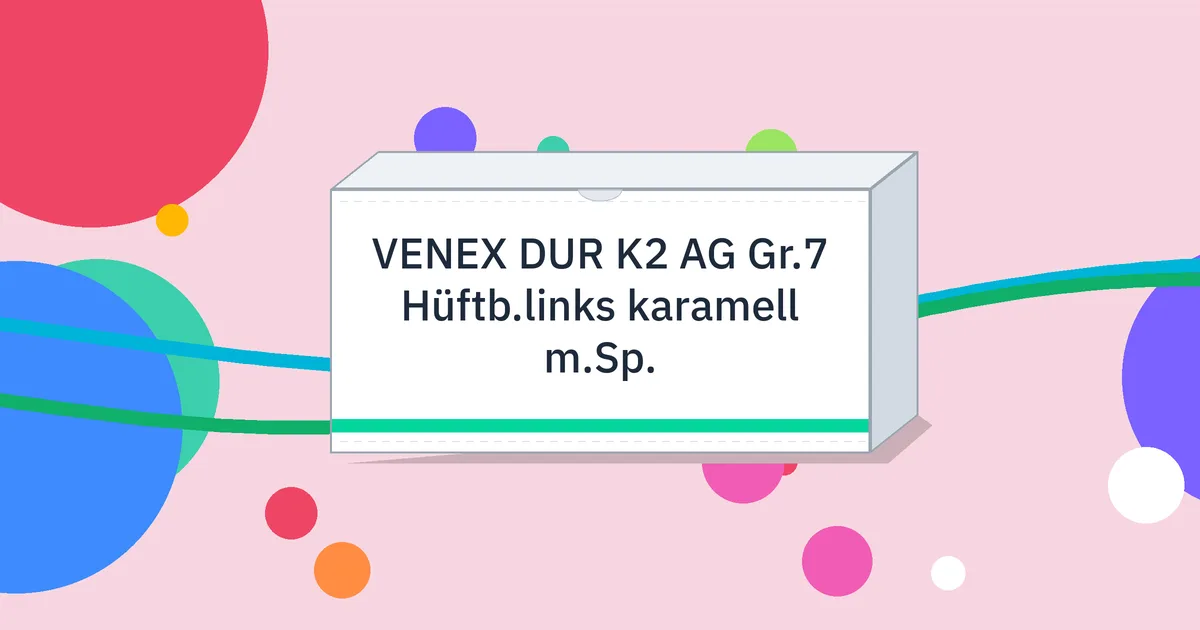 Symbolbild: Packung mit der Aufschrift VENEX DUR K2 AG Gr.7 Hüftb.links karamell m.Sp. (PZN 13761396) – Verfügbarkeit und Bezug in Apotheken in Frankfurt am Main