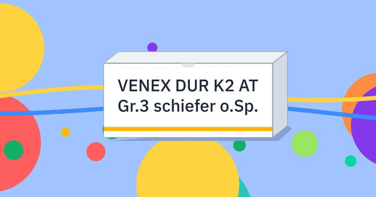 Symbolbild: Packung mit der Aufschrift VENEX DUR K2 AT Gr.3 schiefer o.Sp. (PZN 03224728) – Verfügbarkeit und Bezug in Apotheken in Frankfurt am Main