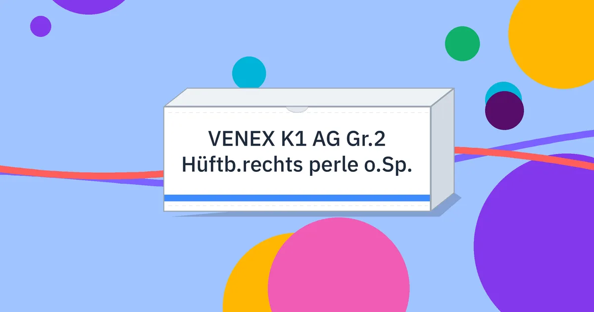Symbolbild: Packung mit der Aufschrift VENEX K1 AG Gr.2 Hüftb.rechts perle o.Sp. (PZN 03207411) – Verfügbarkeit und Bezug in Apotheken in Frankfurt am Main