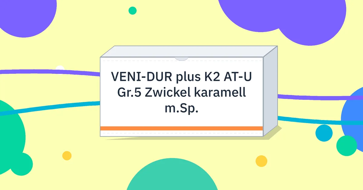 Symbolbild: Packung mit der Aufschrift VENI-DUR plus K2 AT-U Gr.5 Zwickel karamell m.Sp. (PZN 13759123) – Verfügbarkeit und Bezug in Apotheken in Frankfurt am Main