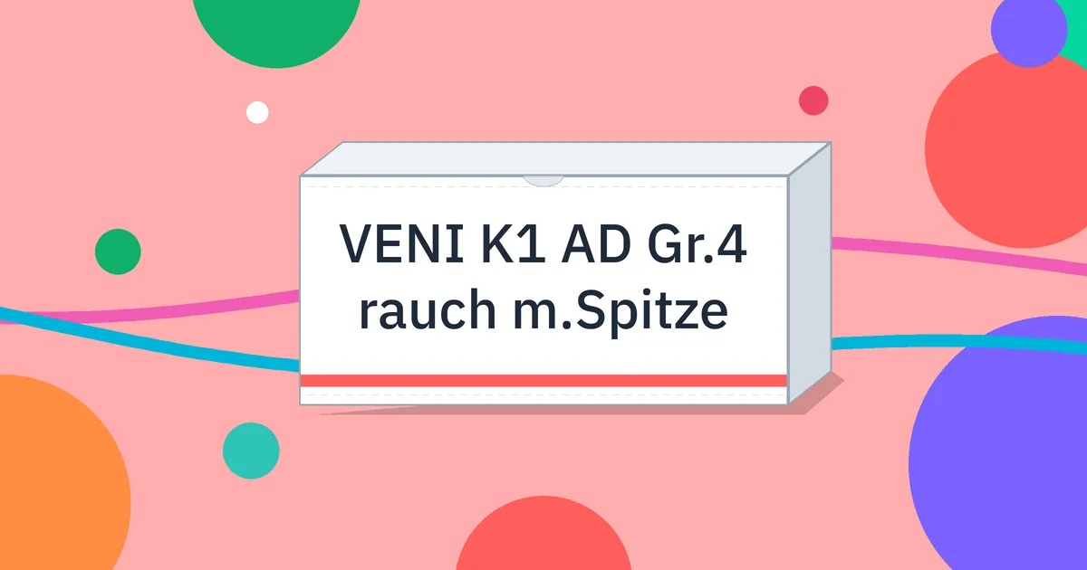 Symbolbild: Packung mit der Aufschrift VENI K1 AD Gr.4 rauch m.Spitze (PZN 08673282) – Verfügbarkeit und Bezug in Apotheken in Frankfurt am Main