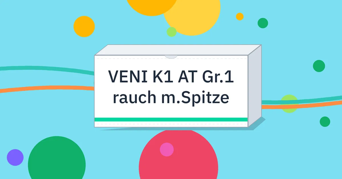 Symbolbild: Packung mit der Aufschrift VENI K1 AT Gr.1 rauch m.Spitze (PZN 08679847) – Verfügbarkeit und Bezug in Apotheken in Frankfurt am Main