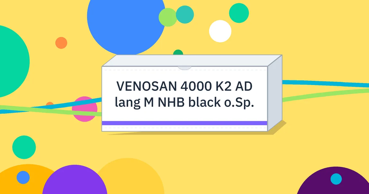 Symbolbild: Packung mit der Aufschrift VENOSAN 4000 K2 AD lang M NHB black o.Sp. (PZN 14427334) – Verfügbarkeit und Bezug in Apotheken in Frankfurt am Main