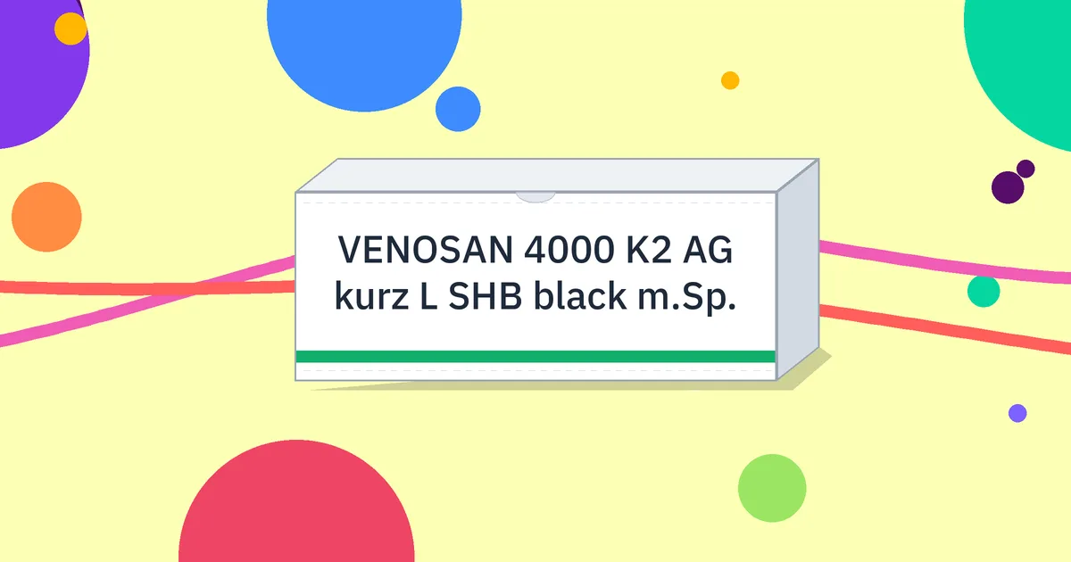 Symbolbild: Packung mit der Aufschrift VENOSAN 4000 K2 AG kurz L SHB black m.Sp. (PZN 14427877) – Verfügbarkeit und Bezug in Apotheken in Frankfurt am Main