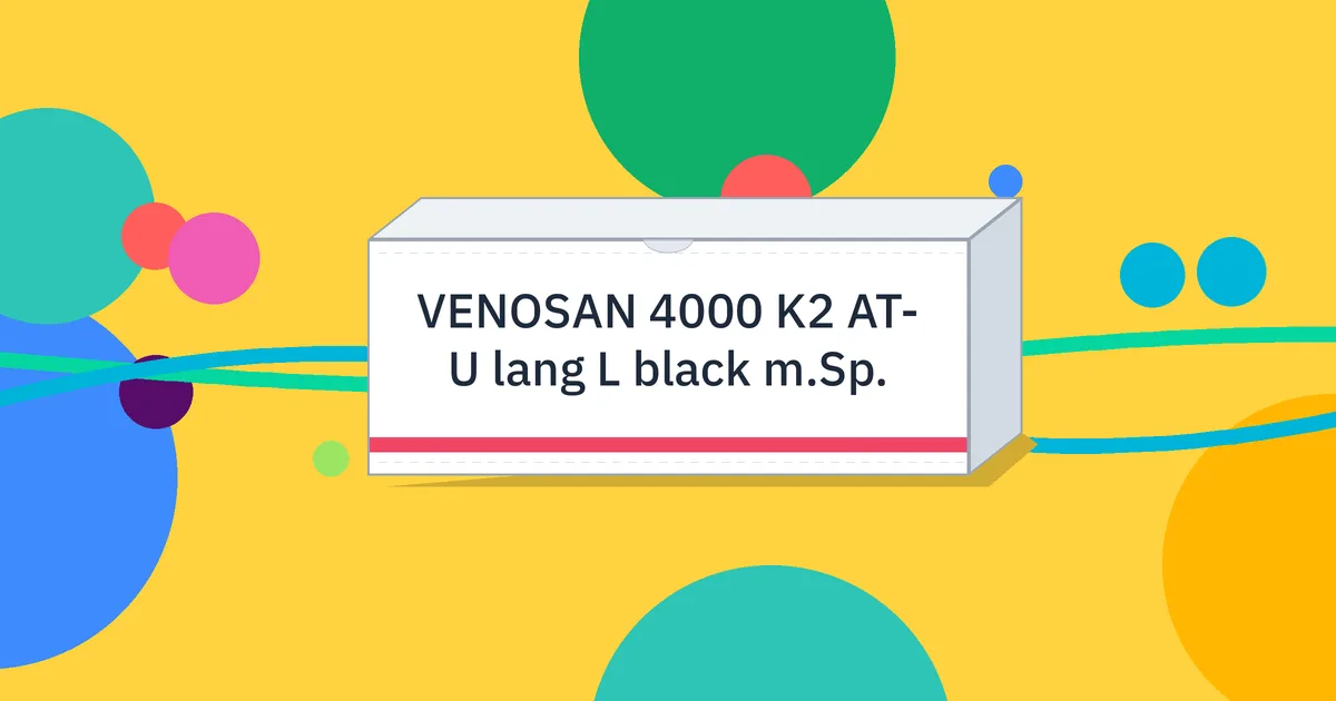 Symbolbild: Packung mit der Aufschrift VENOSAN 4000 K2 AT-U lang L black m.Sp. (PZN 14427624) – Verfügbarkeit und Bezug in Apotheken in Frankfurt am Main