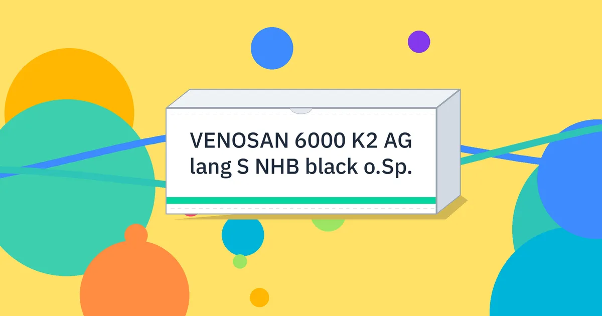 Symbolbild: Packung mit der Aufschrift VENOSAN 6000 K2 AG lang S NHB black o.Sp. (PZN 17172863) – Verfügbarkeit und Bezug in Apotheken in Frankfurt am Main