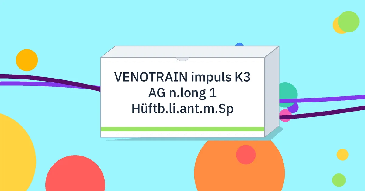 Symbolbild: Packung mit der Aufschrift VENOTRAIN impuls K3 AG n.long 1 Hüftb.li.ant.m.Sp (PZN 15220569) – Verfügbarkeit und Bezug in Apotheken in Frankfurt am Main