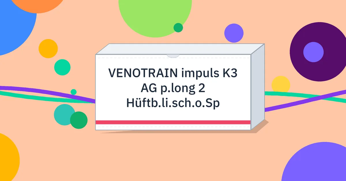 Symbolbild: Packung mit der Aufschrift VENOTRAIN impuls K3 AG p.long 2 Hüftb.li.sch.o.Sp (PZN 10296088) – Verfügbarkeit und Bezug in Apotheken in Frankfurt am Main