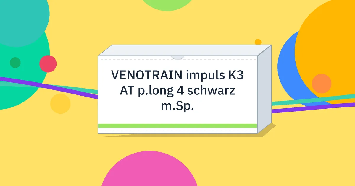 Symbolbild: Packung mit der Aufschrift VENOTRAIN impuls K3 AT p.long 4 schwarz m.Sp. (PZN 19356337) – Verfügbarkeit und Bezug in Apotheken in Frankfurt am Main
