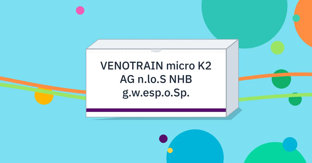 Symbolbild: Packung mit der Aufschrift VENOTRAIN micro K2 AG n.lo.S NHB g.w.esp.o.Sp. (PZN 09020441) – Verfügbarkeit und Bezug in Apotheken in Frankfurt am Main