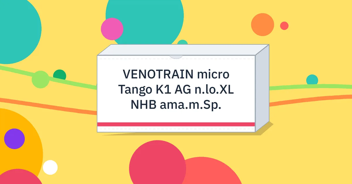 Symbolbild: Packung mit der Aufschrift VENOTRAIN micro Tango K1 AG n.lo.XL NHB ama.m.Sp. (PZN 17764581) – Verfügbarkeit und Bezug in Apotheken in Frankfurt am Main