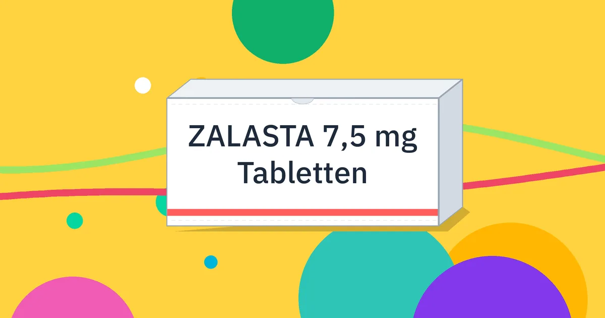 Symbolbild: Packung mit der Aufschrift ZALASTA 7,5 mg Tabletten (PZN 09097679) – Verfügbarkeit und Bezug in Apotheken in Frankfurt am Main