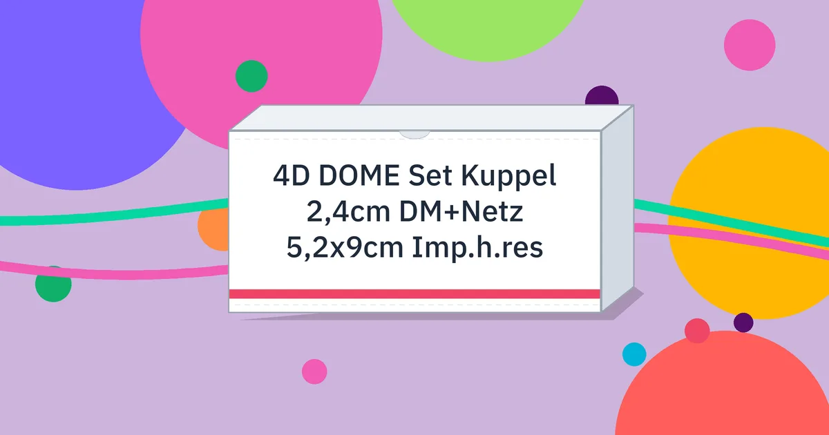 Symbolbild: Packung mit der Aufschrift 4D DOME Set Kuppel 2,4cm DM+Netz 5,2x9cm Imp.h.res (PZN 19505168) – Verfügbarkeit und Bezug in Apotheken in Frankfurt am Main