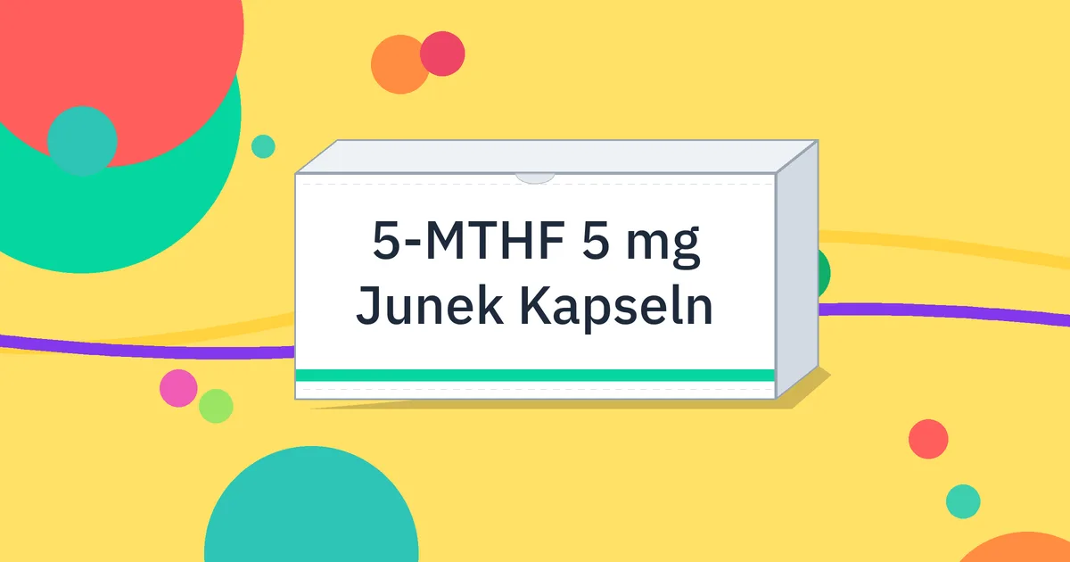 Symbolbild: Packung mit der Aufschrift 5-MTHF 5 mg Junek Kapseln (PZN 20078932) – Verfügbarkeit und Bezug in Apotheken in Frankfurt am Main