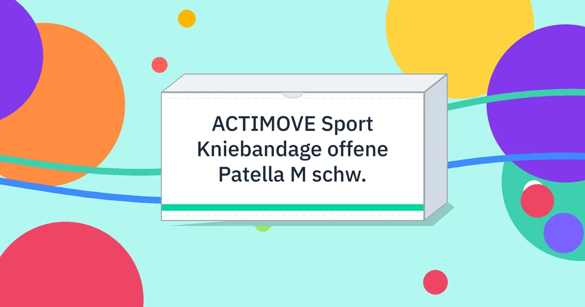 Symbolbild: Packung mit der Aufschrift ACTIMOVE Sport Kniebandage offene Patella M schw. (PZN 18328333) – Verfügbarkeit und Bezug in Apotheken in Frankfurt am Main