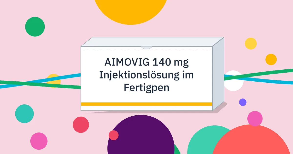 Symbolbild: Packung mit der Aufschrift AIMOVIG 140 mg Injektionslösung im Fertigpen (PZN 14441794) – Verfügbarkeit und Bezug in Apotheken in Frankfurt am Main