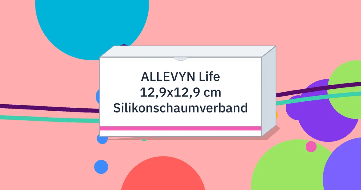 Symbolbild: Packung mit der Aufschrift ALLEVYN Life 12,9x12,9 cm Silikonschaumverband (PZN 17414384) – Verfügbarkeit und Bezug in Apotheken in Frankfurt am Main