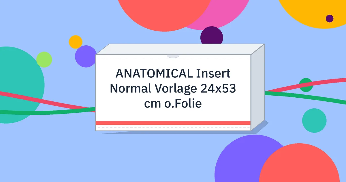 Symbolbild: Packung mit der Aufschrift ANATOMICAL Insert Normal Vorlage 24x53 cm o.Folie (PZN 16810965) – Verfügbarkeit und Bezug in Apotheken in Frankfurt am Main