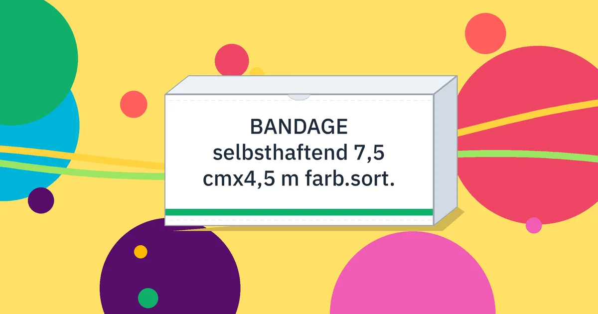 Symbolbild: Packung mit der Aufschrift BANDAGE selbsthaftend 7,5 cmx4,5 m farb.sort. (PZN 09230782) – Verfügbarkeit und Bezug in Apotheken in Frankfurt am Main
