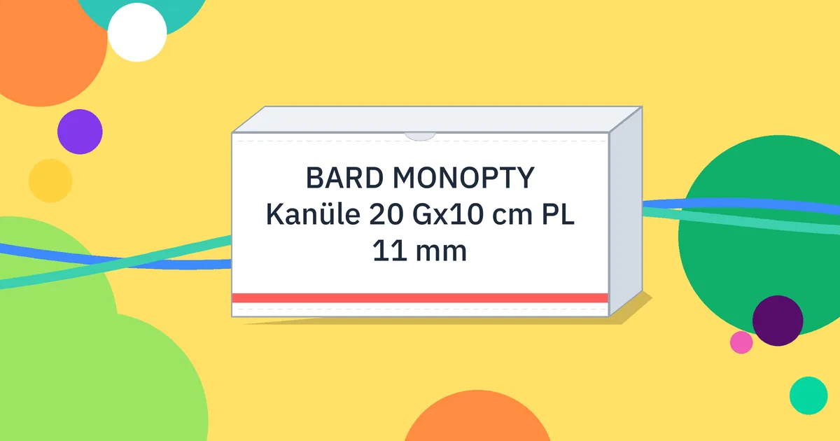 Symbolbild: Packung mit der Aufschrift BARD MONOPTY Kanüle 20 Gx10 cm PL 11 mm (PZN 07780685) – Verfügbarkeit und Bezug in Apotheken in Frankfurt am Main