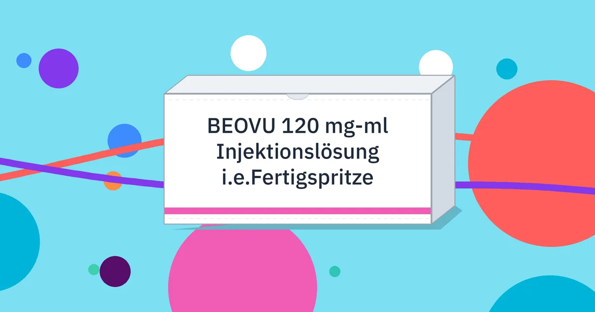 Symbolbild: Packung mit der Aufschrift BEOVU 120 mg-ml Injektionslösung i.e.Fertigspritze (PZN 18878401) – Verfügbarkeit und Bezug in Apotheken in Frankfurt am Main