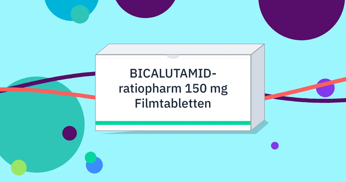 Symbolbild: Packung mit der Aufschrift BICALUTAMID-ratiopharm 150 mg Filmtabletten (PZN 01813107) – Verfügbarkeit und Bezug in Apotheken in Frankfurt am Main