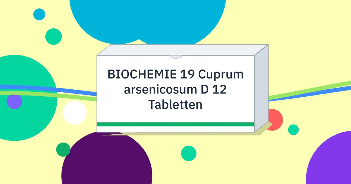 Symbolbild: Packung mit der Aufschrift BIOCHEMIE 19 Cuprum arsenicosum D 12 Tabletten (PZN 04325087) – Verfügbarkeit und Bezug in Apotheken in Frankfurt am Main