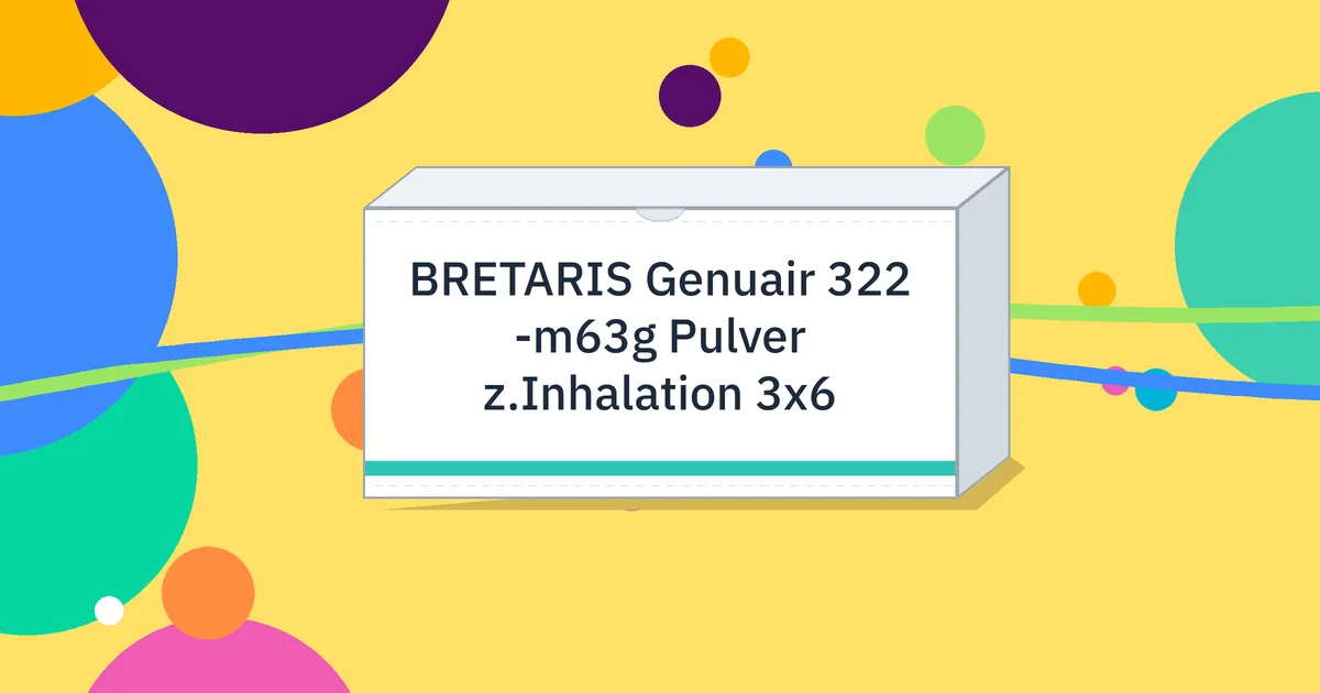 Symbolbild: Packung mit der Aufschrift BRETARIS Genuair 322 -m63g Pulver z.Inhalation 3x6 (PZN 17586458) – Verfügbarkeit und Bezug in Apotheken in Frankfurt am Main