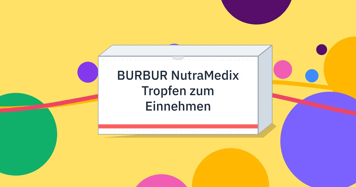 Symbolbild: Packung mit der Aufschrift BURBUR NutraMedix Tropfen zum Einnehmen (PZN 18103396) – Verfügbarkeit und Bezug in Apotheken in Frankfurt am Main