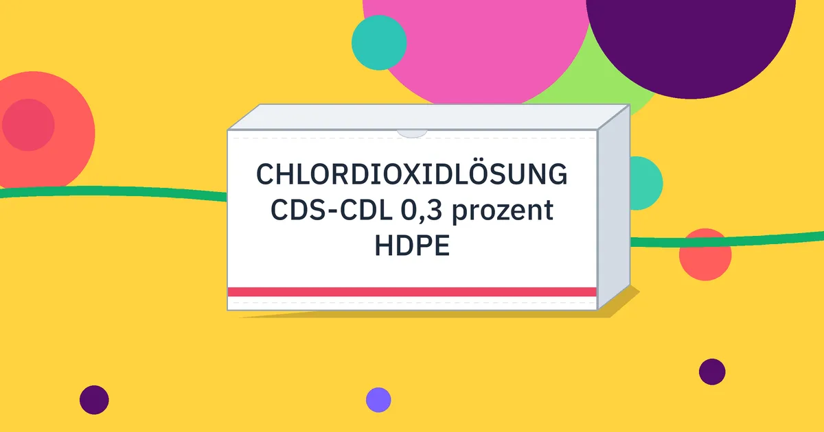 Symbolbild: Packung mit der Aufschrift CHLORDIOXIDLÖSUNG CDS-CDL 0,3 prozent HDPE (PZN 03378532) – Verfügbarkeit und Bezug in Apotheken in Frankfurt am Main