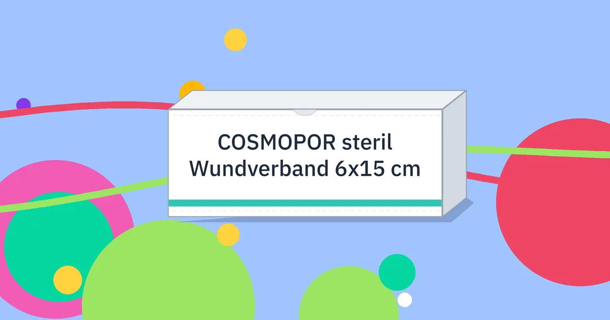 Symbolbild: Packung mit der Aufschrift COSMOPOR steril Wundverband 6x15 cm (PZN 13652721) – Verfügbarkeit und Bezug in Apotheken in Frankfurt am Main