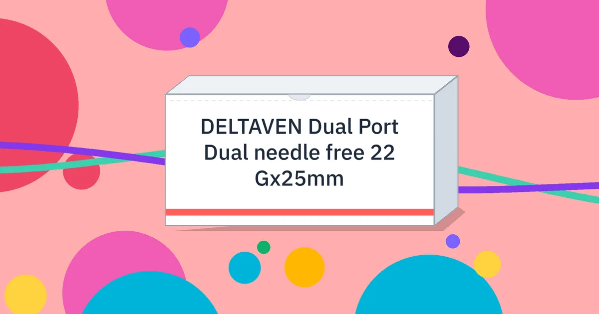 Symbolbild: Packung mit der Aufschrift DELTAVEN Dual Port Dual needle free 22 Gx25mm (PZN 18873792) – Verfügbarkeit und Bezug in Apotheken in Frankfurt am Main