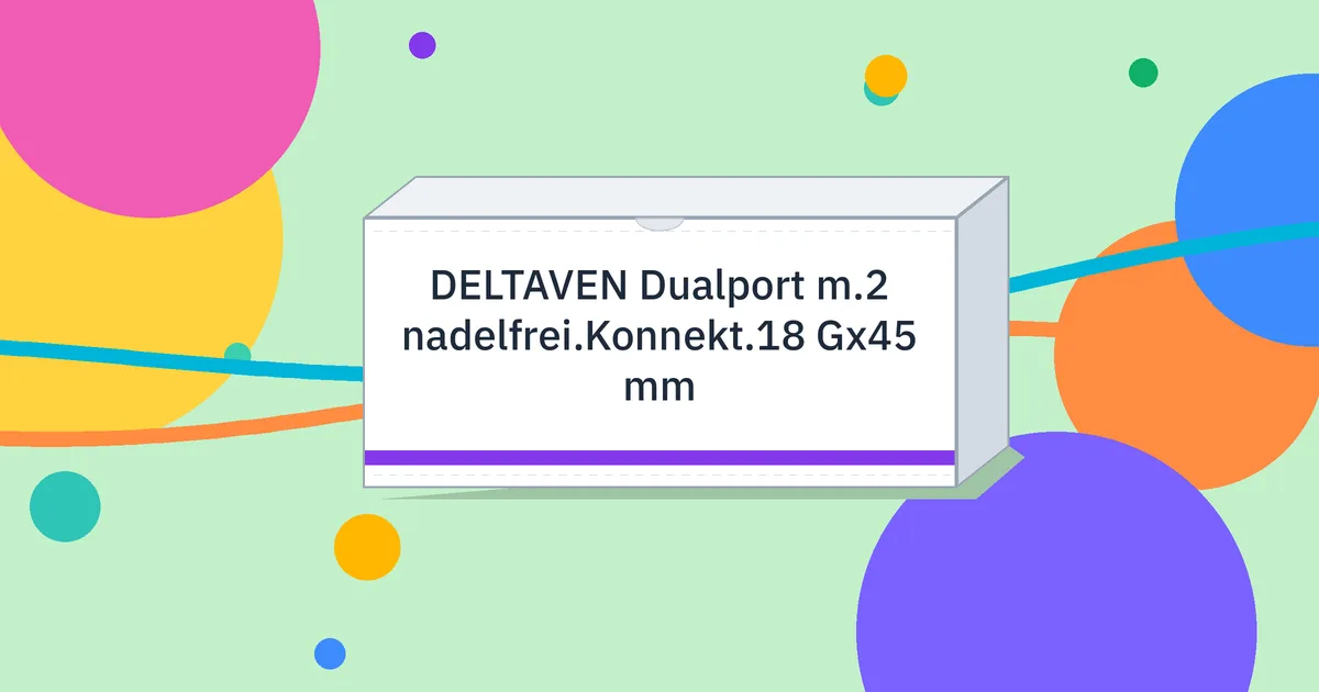 Symbolbild: Packung mit der Aufschrift DELTAVEN Dualport m.2 nadelfrei.Konnekt.18 Gx45 mm (PZN 20365465) – Verfügbarkeit und Bezug in Apotheken in Frankfurt am Main
