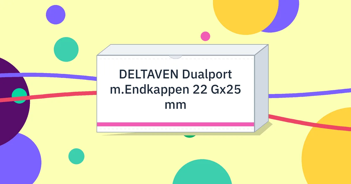 Symbolbild: Packung mit der Aufschrift DELTAVEN Dualport m.Endkappen 22 Gx25 mm (PZN 20365270) – Verfügbarkeit und Bezug in Apotheken in Frankfurt am Main