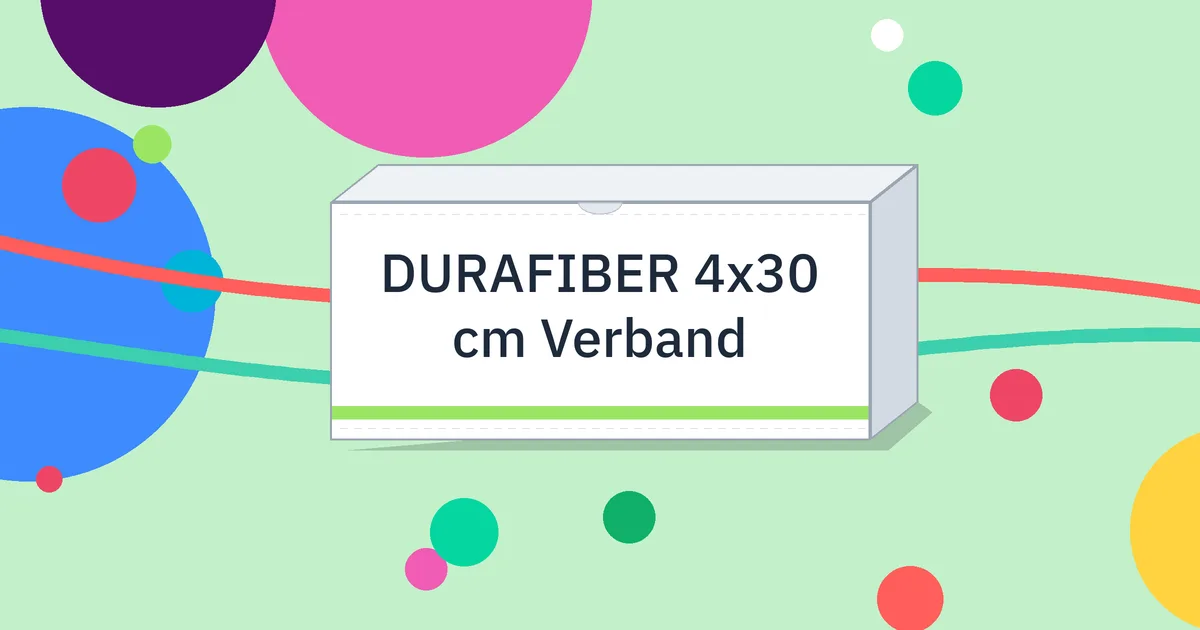 Symbolbild: Packung mit der Aufschrift DURAFIBER 4x30 cm Verband (PZN 13347811) – Verfügbarkeit und Bezug in Apotheken in Frankfurt am Main