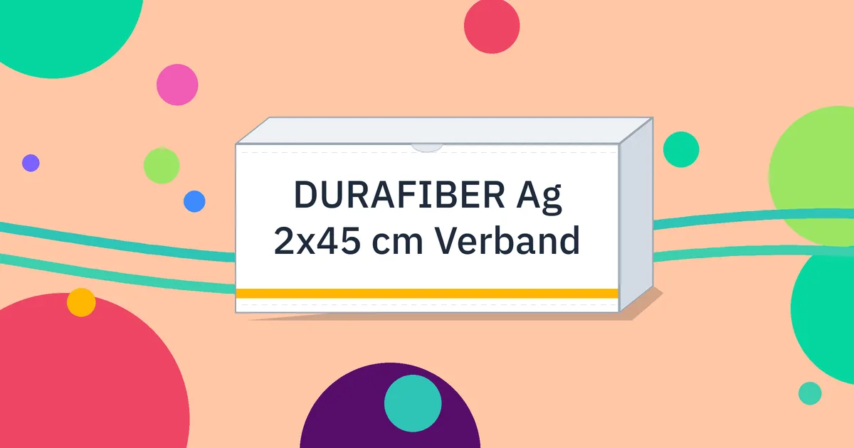 Symbolbild: Packung mit der Aufschrift DURAFIBER Ag 2x45 cm Verband (PZN 03426314) – Verfügbarkeit und Bezug in Apotheken in Frankfurt am Main