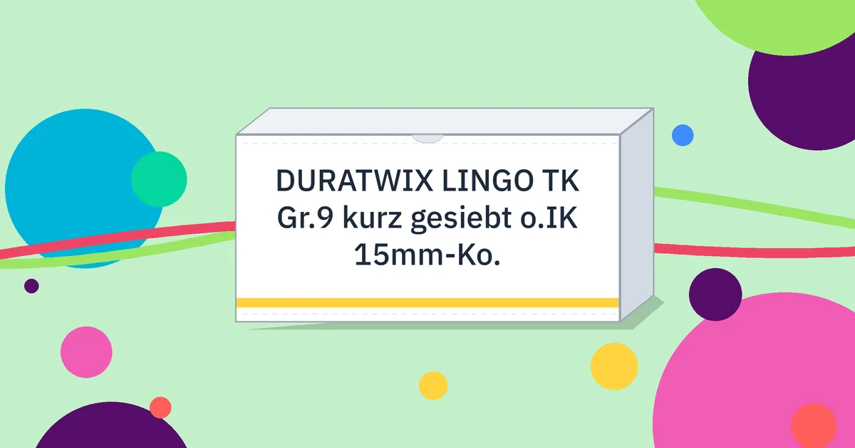 Symbolbild: Packung mit der Aufschrift DURATWIX LINGO TK Gr.9 kurz gesiebt o.IK 15mm-Ko. (PZN 06973376) – Verfügbarkeit und Bezug in Apotheken in Frankfurt am Main