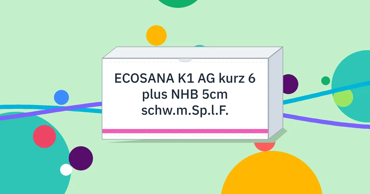 Symbolbild: Packung mit der Aufschrift ECOSANA K1 AG kurz 6 plus NHB 5cm schw.m.Sp.l.F. (PZN 04729778) – Verfügbarkeit und Bezug in Apotheken in Frankfurt am Main