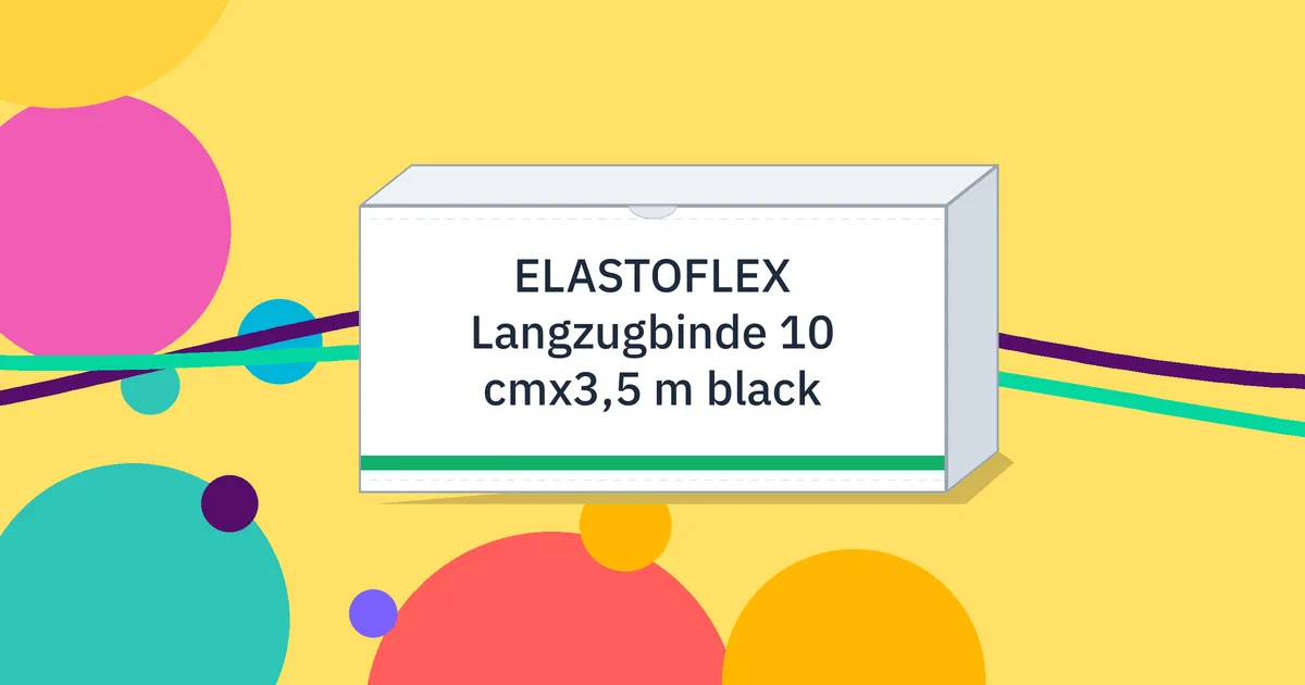 Symbolbild: Packung mit der Aufschrift ELASTOFLEX Langzugbinde 10 cmx3,5 m black (PZN 17175382) – Verfügbarkeit und Bezug in Apotheken in Frankfurt am Main